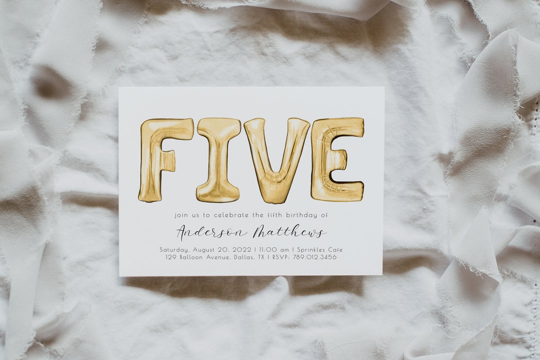 Editable 5th Birthday Invitation | Gold FIVE Balloon Birthday ...