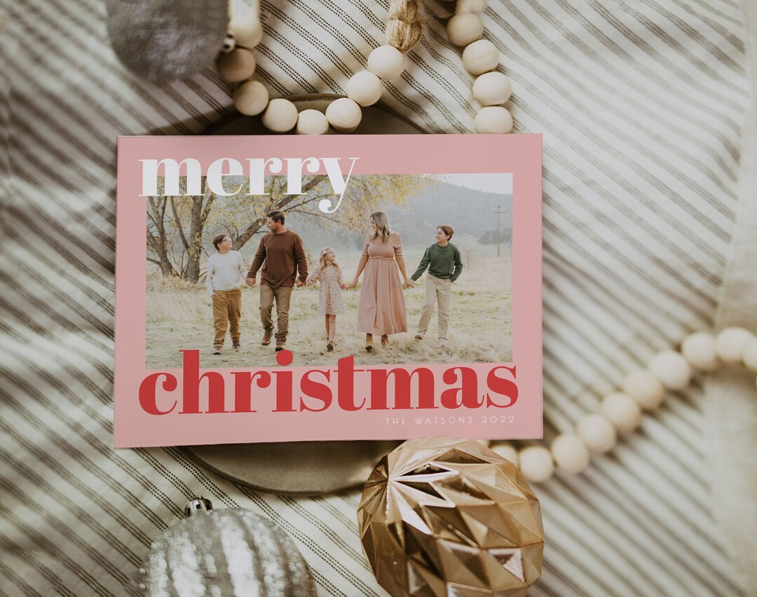Pink Christmas Card Template With Photo Merry Christmas Pink - Etsy