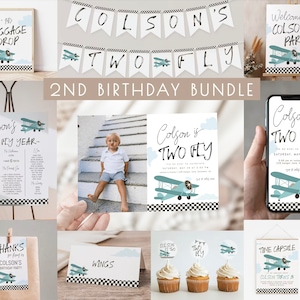 Airplane 2nd Birthday Bundle | Editable Two Fly Plane Invitation & Decoration Templates | Boy ...