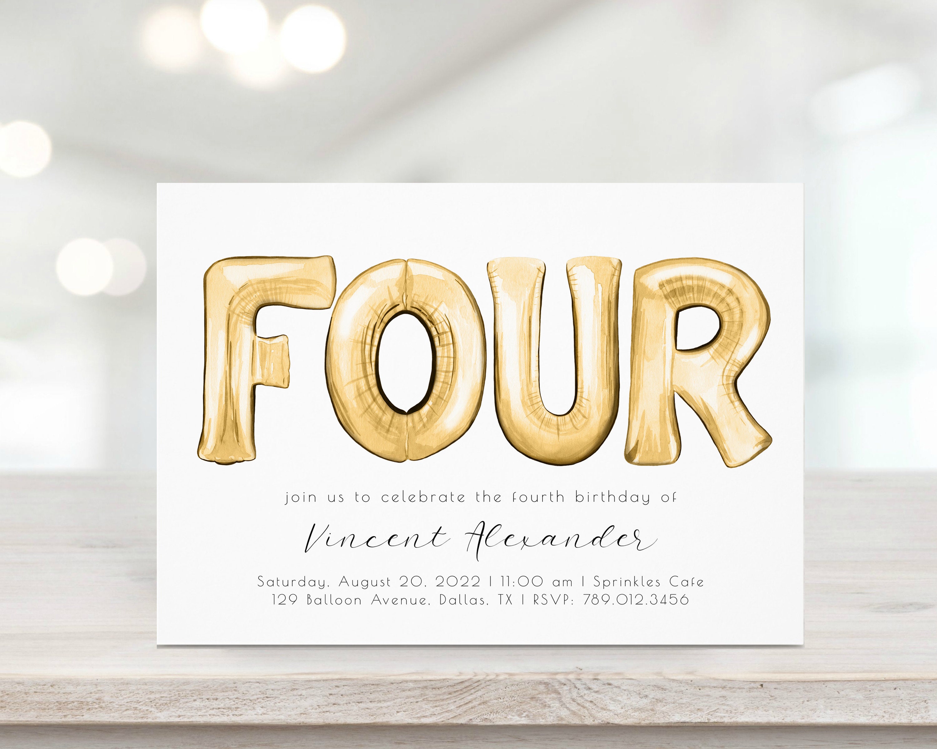 Editable 4th Birthday Invitation Template Gold FOUR Balloon - Etsy