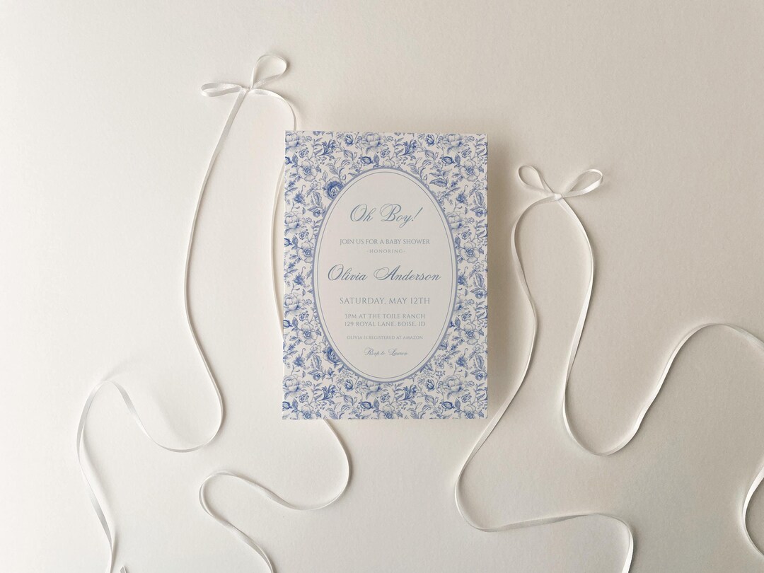 Boy Toile Baby Shower Invitation Template | Editable Toile De Jouy Blue ...