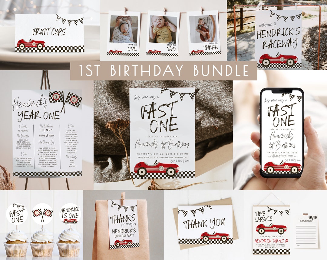Race Car 1st Birthday Bundle Editable Template Package | Red Fast ONE ...