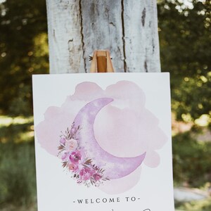 Moon Baby Shower Welcome Sign | Girl Purple Over the Moon Baby Shower ...