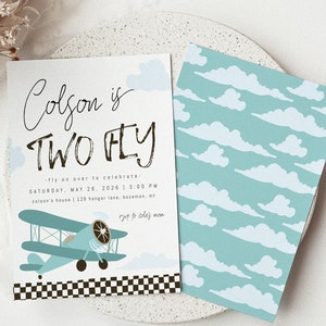 Airplane 2nd Birthday Invitation Template | Editable TWO Fly Vintage Bi ...