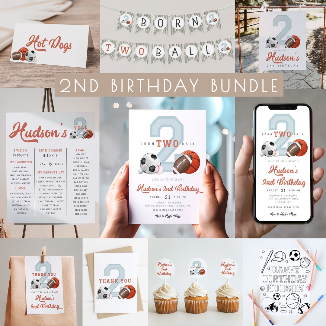 Born TWO Ball Birthday Bundle for Boy | Editable Sports 2nd Birthday ...