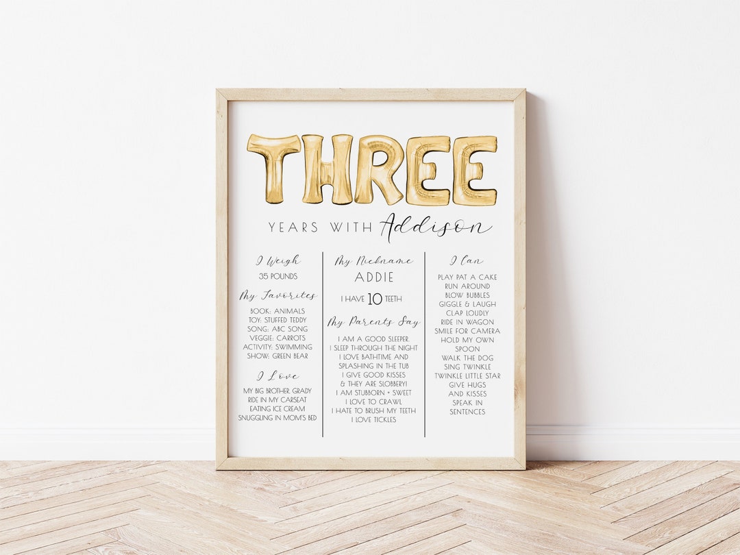 Editable 3rd Birthday Milestone Board Sign | Gold THREE Milestone Board ...