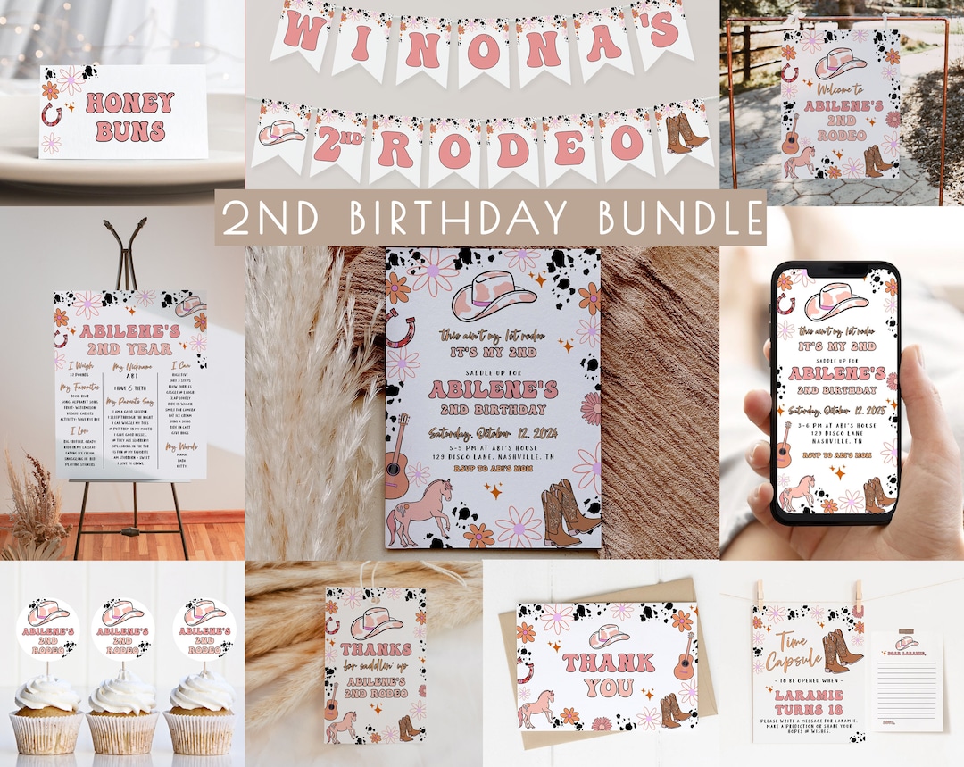 Girl 2nd Rodeo Birthday Bundle Editable Template Set | Space Cowgirl ...