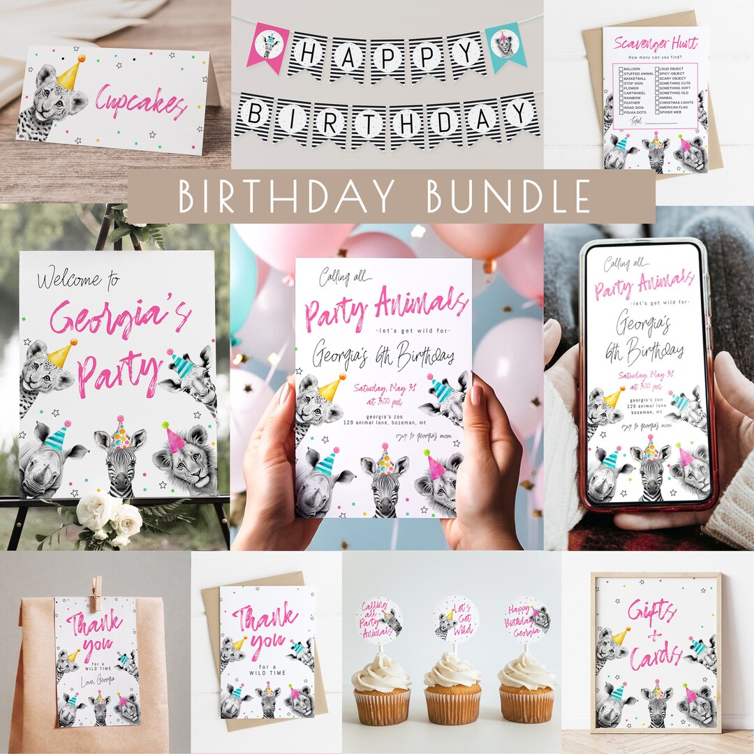 Girl Party Animals Birthday Bundle Editable Invitation Template Set ...