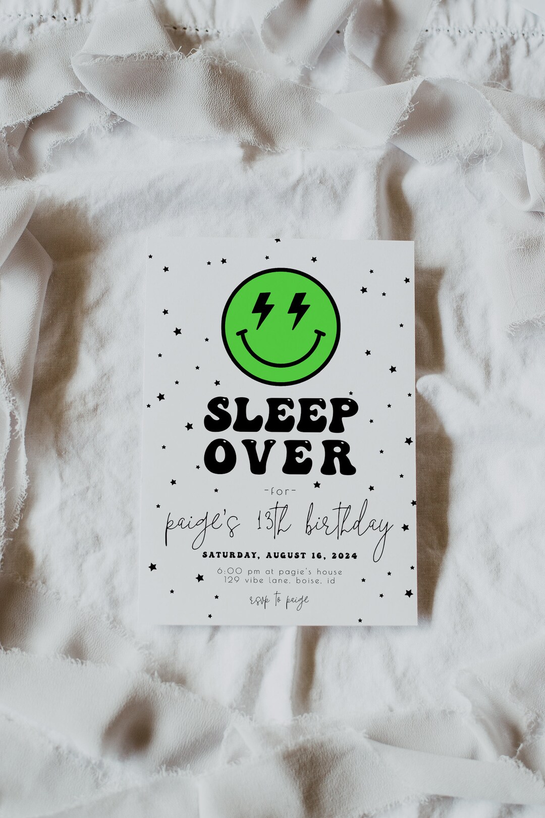 Preppy Sleepover Birthday Invitation for Girl Template Neon Green Smile ...