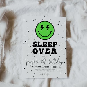 Preppy Sleepover Birthday Invitation for Girl Template Neon Green Smile ...
