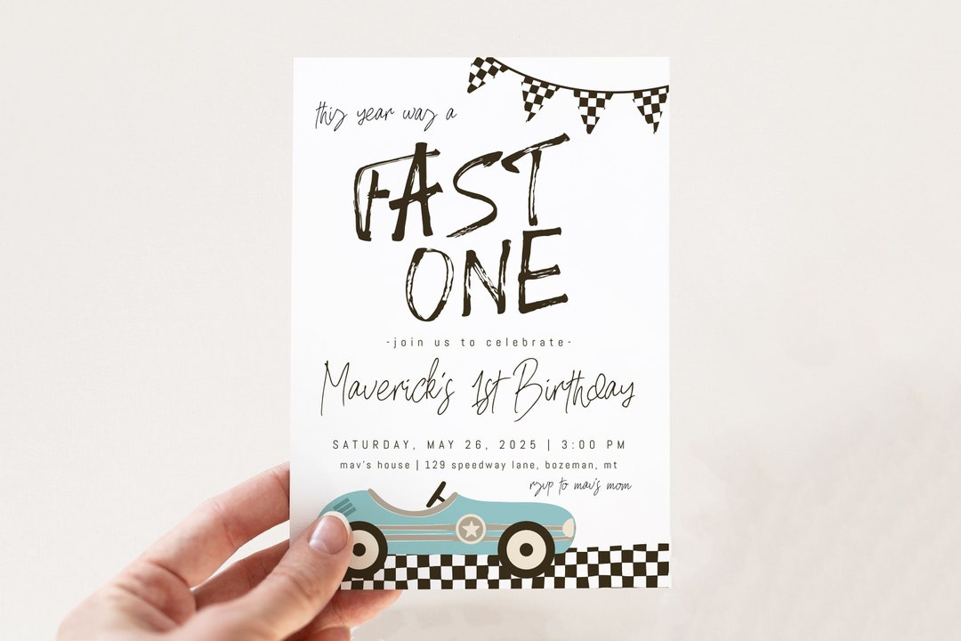 Race Car 1st Birthday Invitation Template | Editable Fast ONE Birthday ...