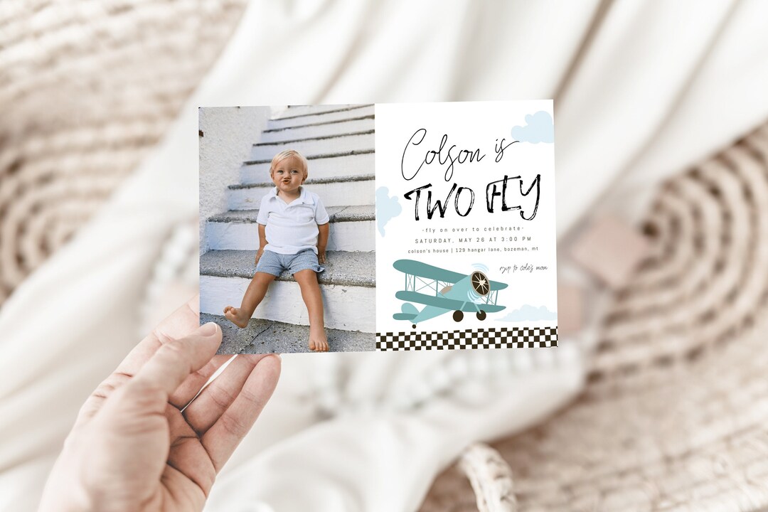 TWO Fly 2nd Birthday Invitation Template | Editable Airplay Vintage Bi ...