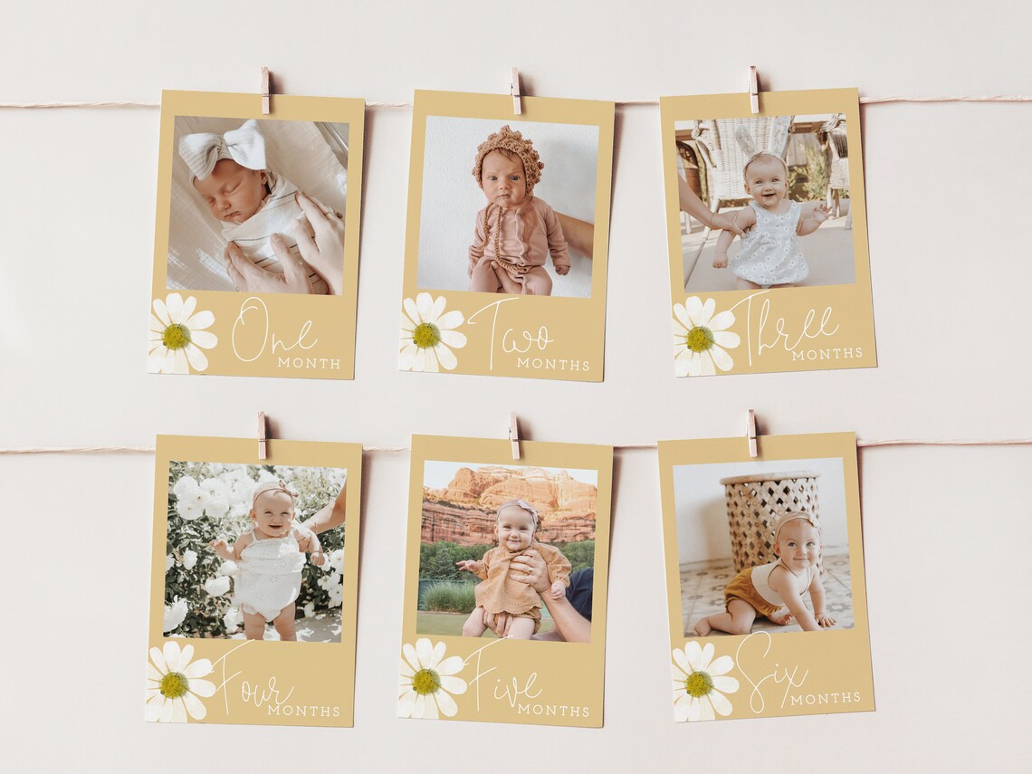 Daisy 1st Birthday Photo Banner Template | Yellow Wildflower 12 Month ...