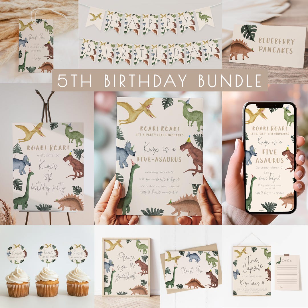 Dinosaur 5th Birthday Bundle | Editable Five-asaurus Rex Birthday Party ...