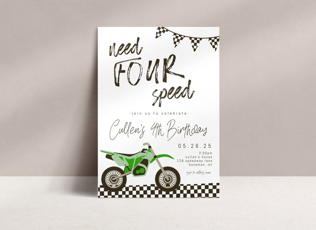 Dirt Bike 4th Birthday Invitation Template | Editable Need FOUR Speed ...