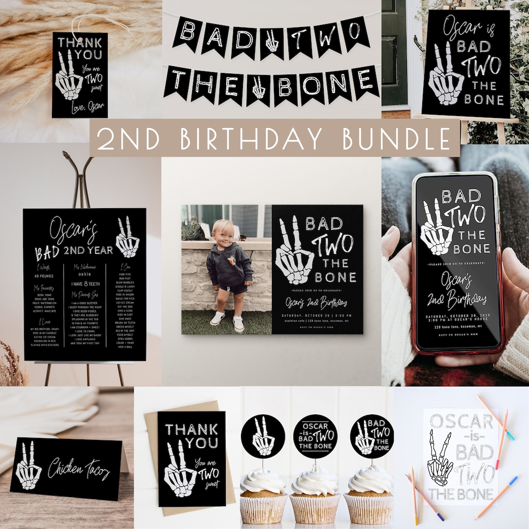 Bad Two the Bone 2nd Birthday Bundle Template | Editable Fall Second ...