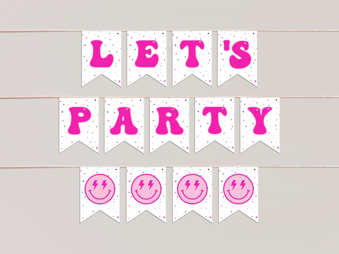 Let's Party Smile Face Banner Template Editable Preppy Pink Birthday ...