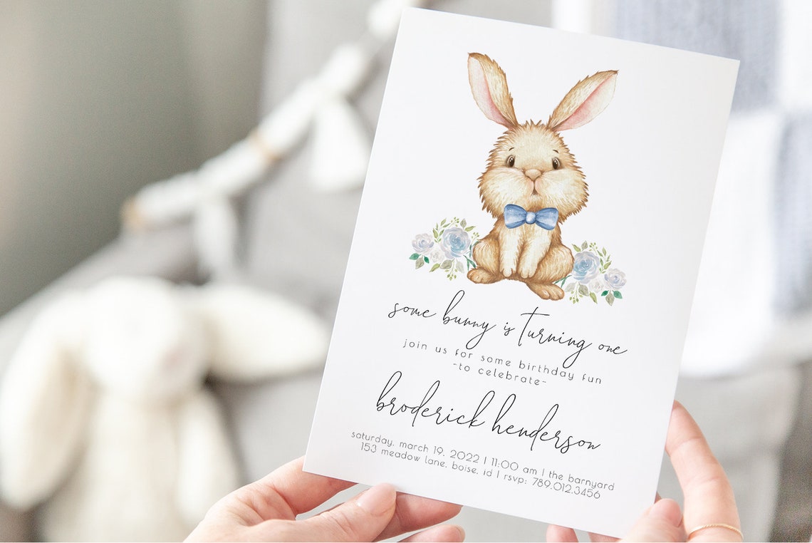 Some Bunny Birthday Editable Invitation | Boy Bunny is Turning One 1st ...