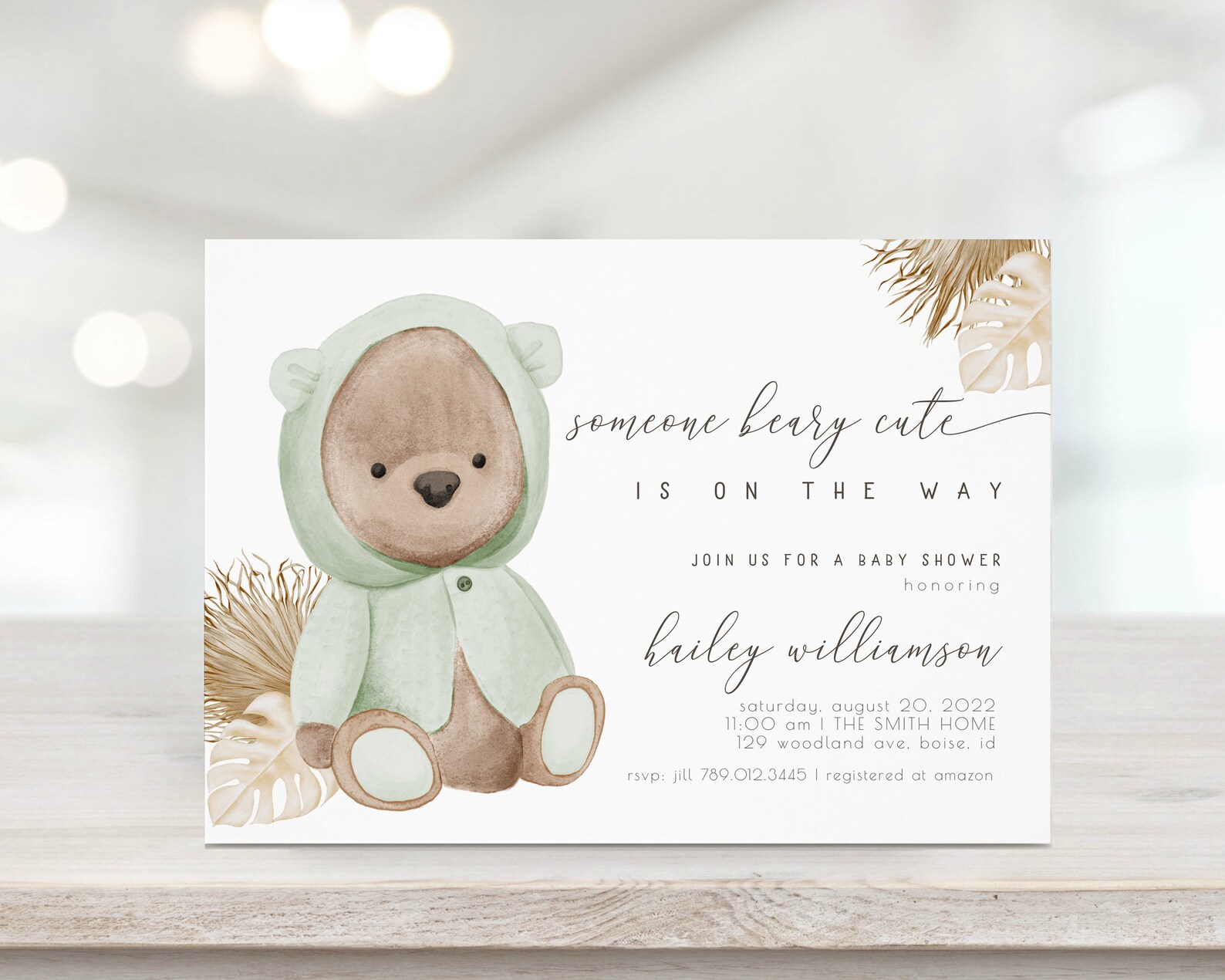 Bear Baby Shower Invitation We Can Bearly Wait Green Hoodie Etsy