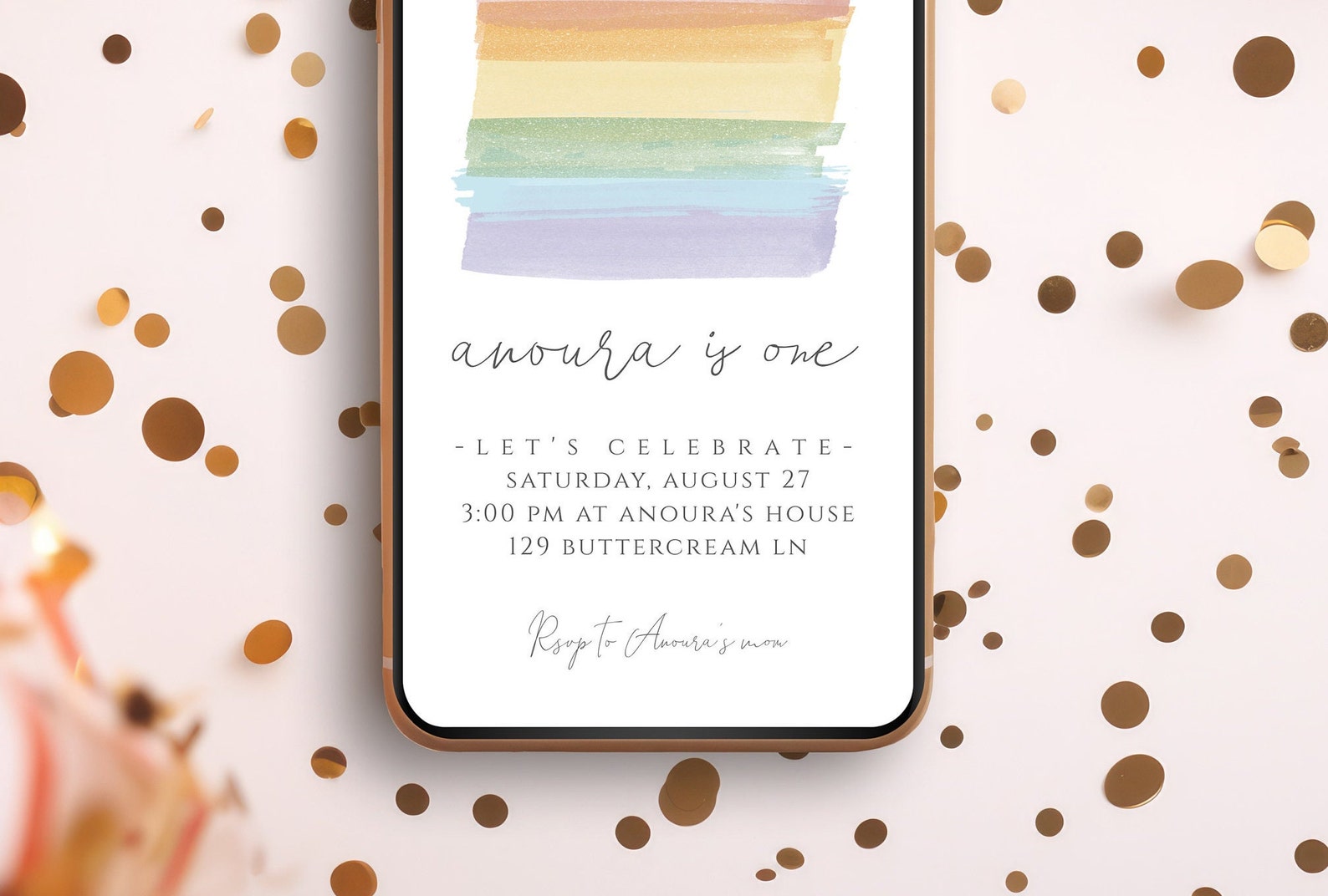 Rainbow 1st Birthday Text Invitation Template | Editable Pastel Rainbow ...