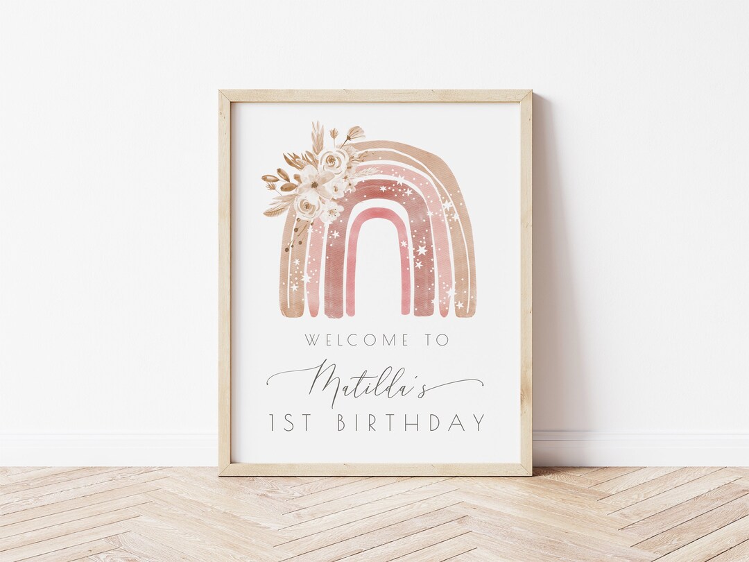 Boho Rainbow Welcome Birthday Sign Template | Modern Pink Rainbow ...