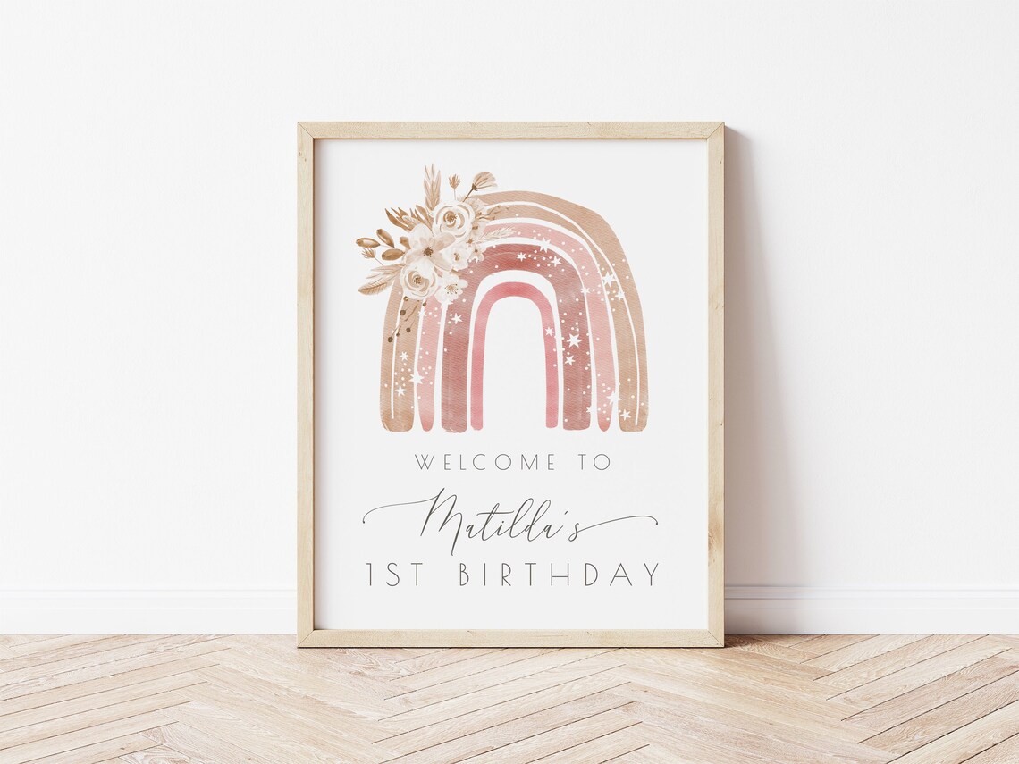 Boho Rainbow Welcome Birthday Sign Template Modern Pink - Etsy