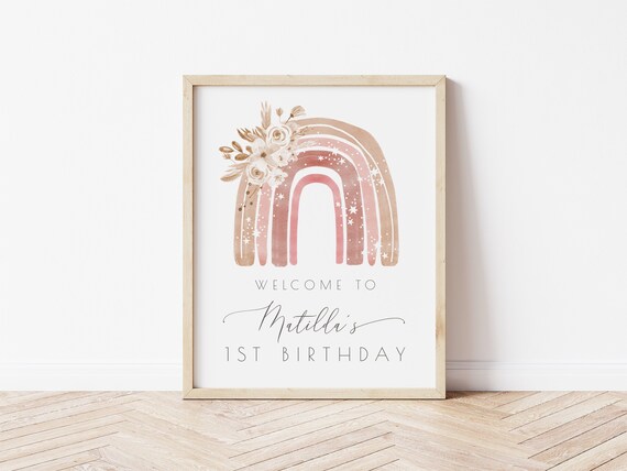 Boho Rainbow Welcome Birthday Sign Template Modern Pink - Etsy