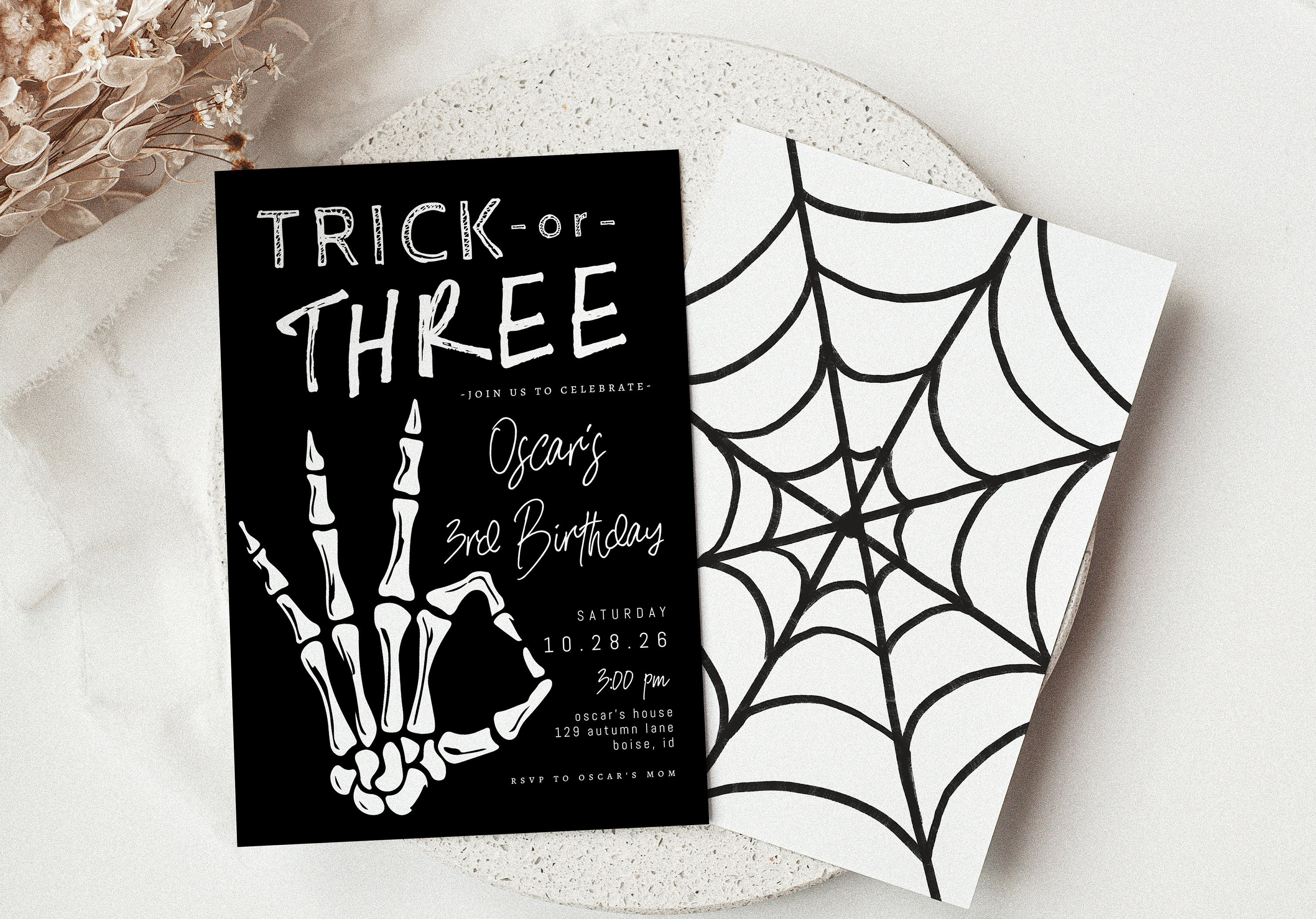 Trick or THREE 3rd Birthday Invitation Template | Fall Halloween Third ...