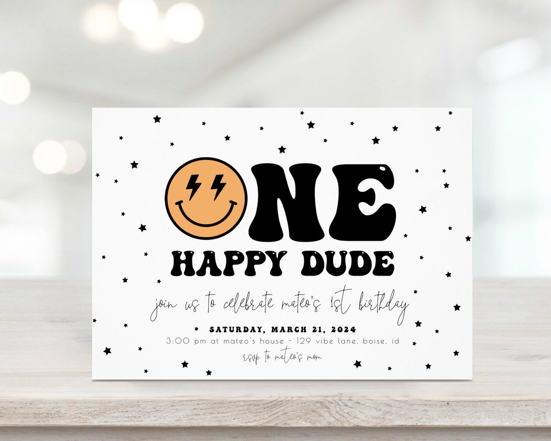 Boy 1st Birthday Invitation Template One Happy Dude Smile Face ...