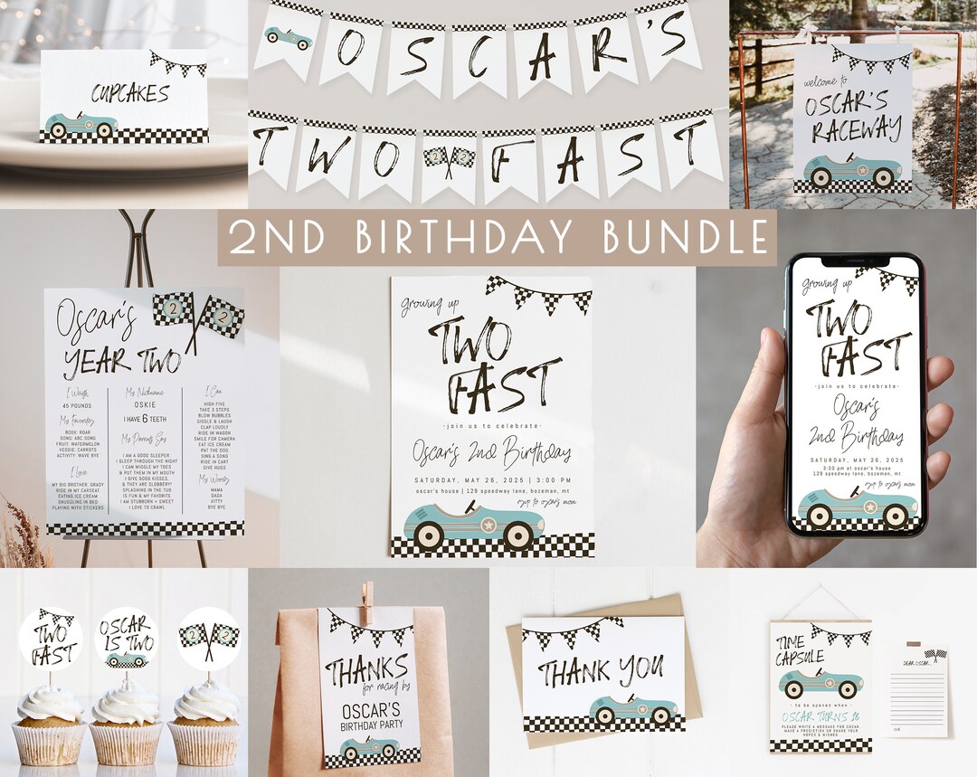 TWO Fast Birthday Bundle Editable Template Package | Race Car 2nd ...