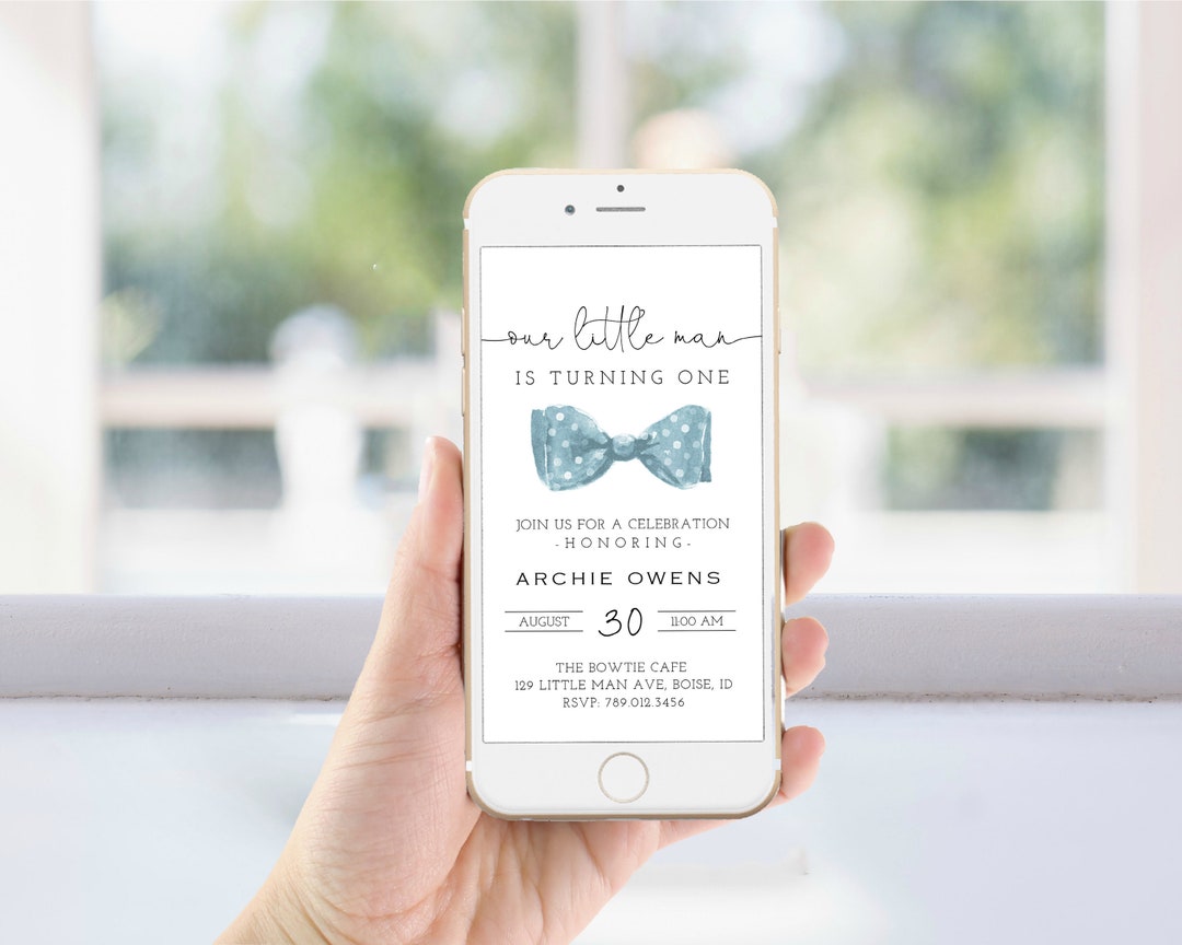 Little Man 1st Birthday Text Invitation | Blue Bowtie Our Little Man ...