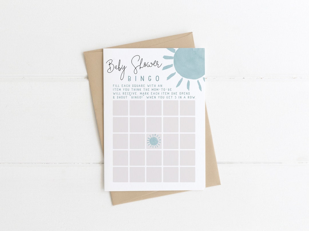 Sunshine Baby Shower Bingo Template | Blue Sun Bingo Card Boy Baby ...