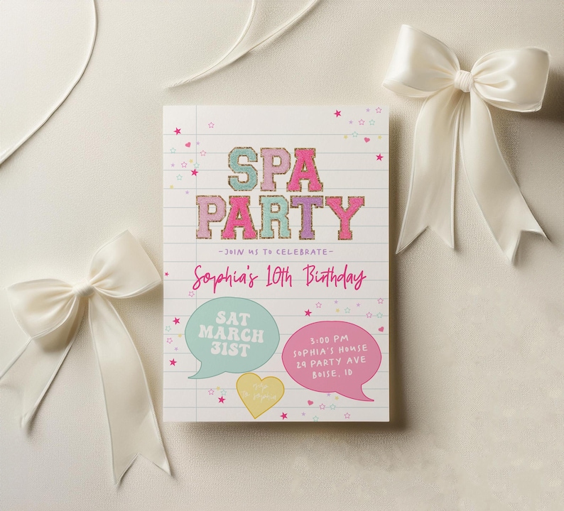 Spa Party Birthday Invitation Template | Editable Preppy Patch Letters ...