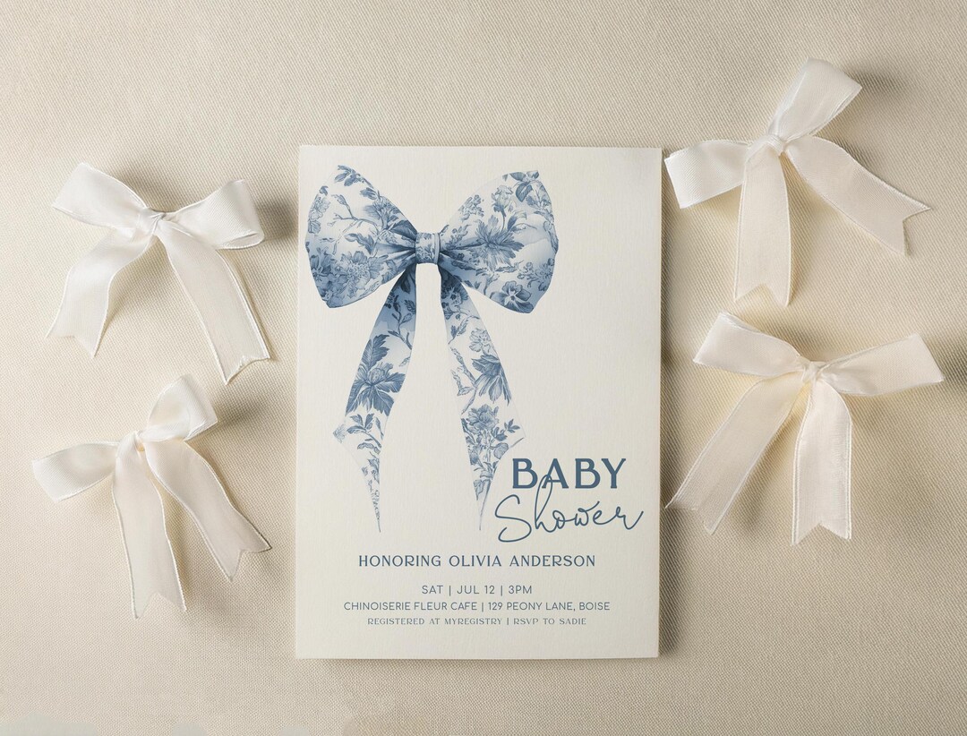 Chinoiserie Bow Baby Shower Invitation Template | Editable Blue Bow ...