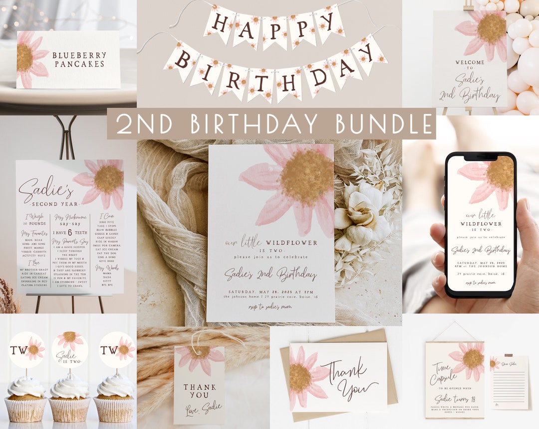 Wildflower 2nd Birthday Bundle Editable Template | Floral Girl Our ...