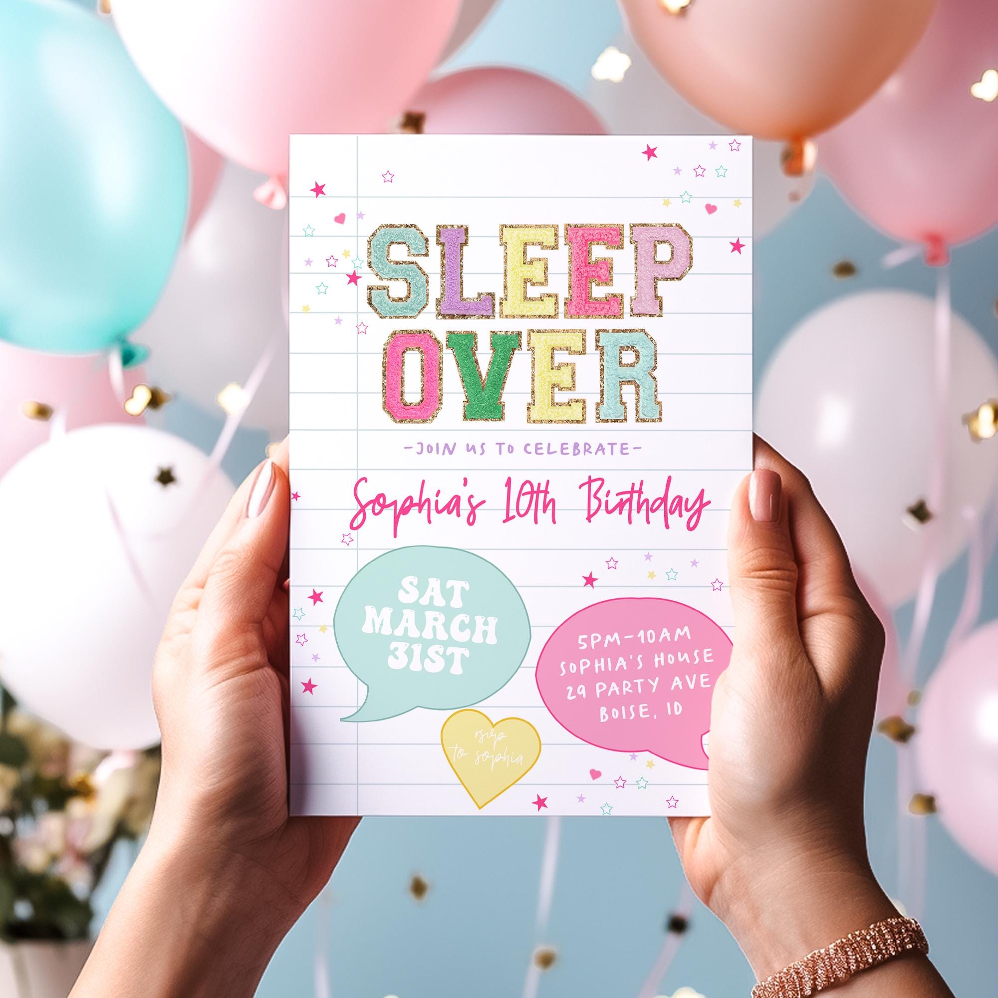 Preppy Sleepover Birthday Invitation Template | Editable Patch Letters ...