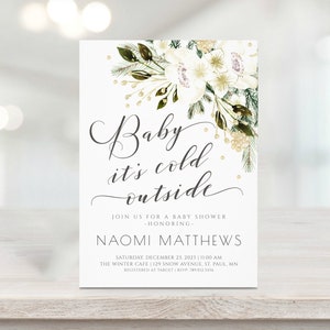 Baby It's Cold Outside Baby Shower Invitation | White and Gold Floral ...