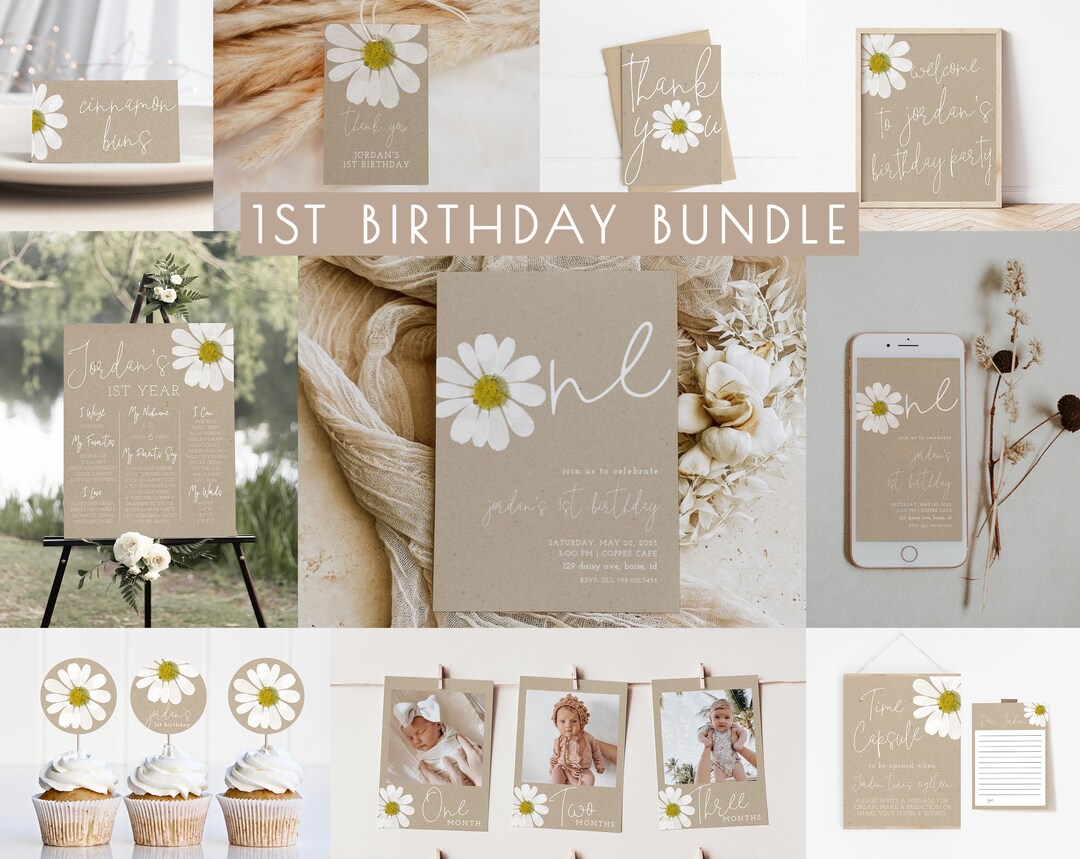 Daisy 1st Birthday Bundle Editable Template Set | Daisy Girl First ...