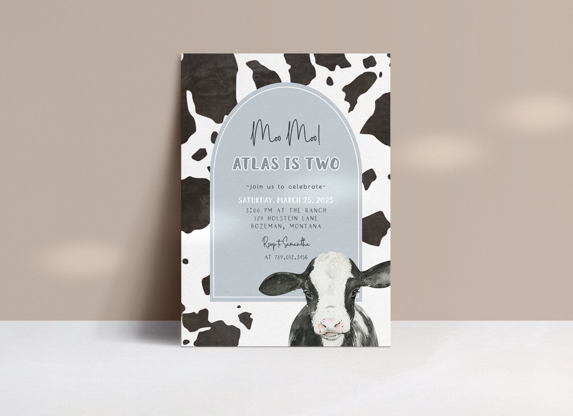 Moo Moo I'm Two Birthday Invitation Template | Holy Cow Farm Boy 2nd ...