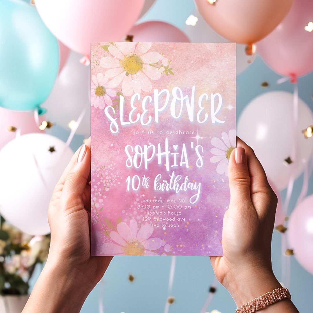 Sleepover Birthday Invitation Template | Editable Pink Daisy Slumber ...