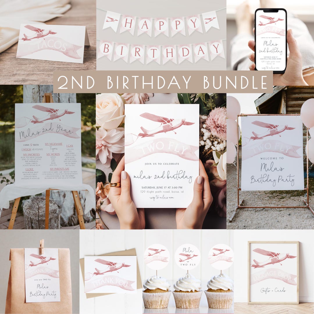 Airplane 2nd Birthday Bundle in Pink | Editable TWO Fly Invitation and ...