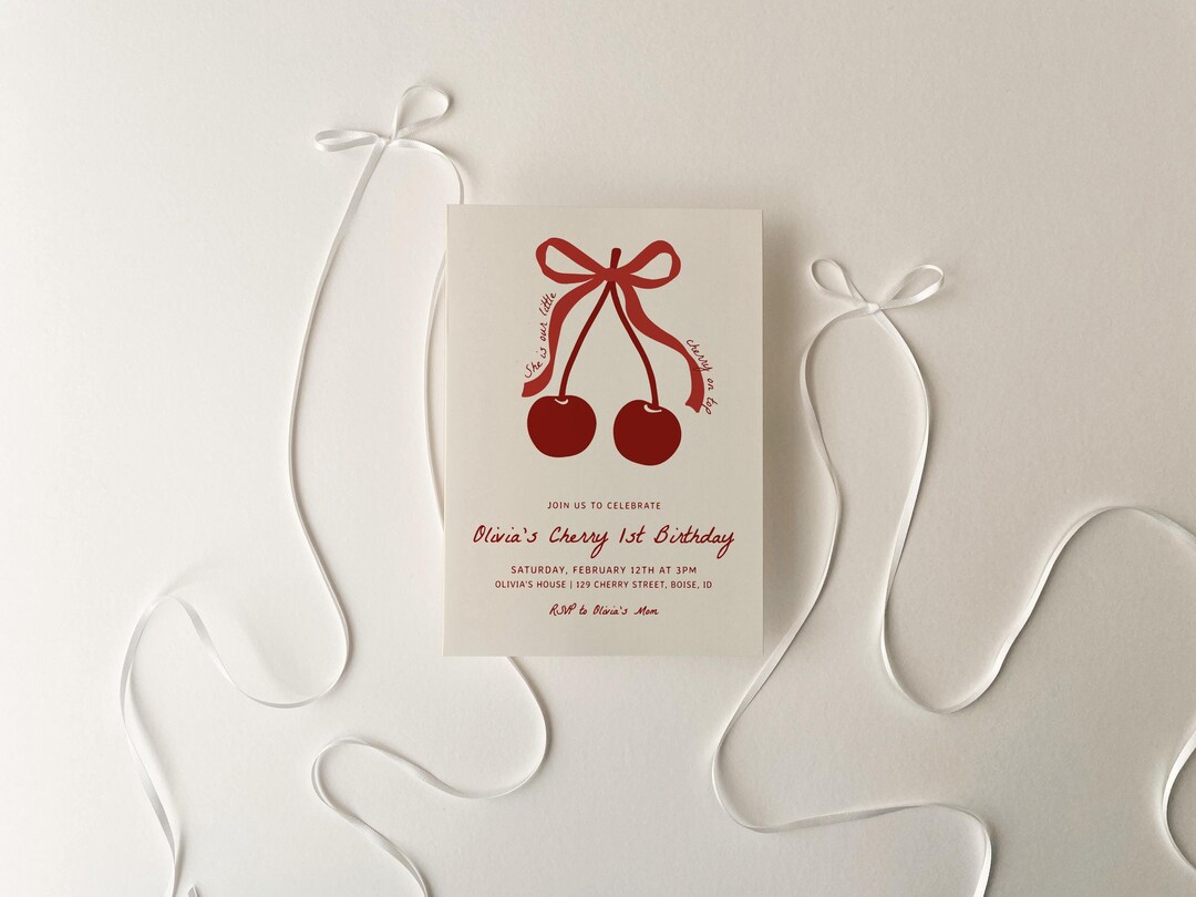 Editable Cherry 1st Birthday Birthday Invitation Template | Hand Drawn ...