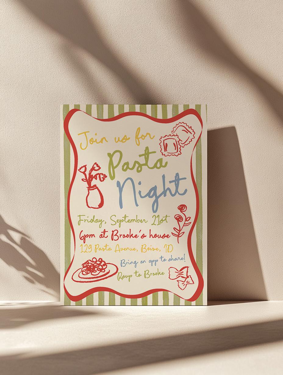 Pasta Dinner Party Invitation Template - Editable Hand Drawn Italian ...