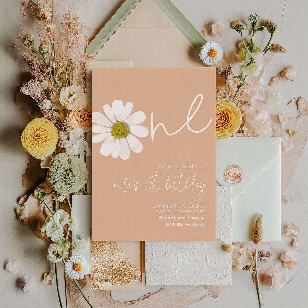 Daisy 1st Birthday Invitation | Fall Orange Daisy Girl 1st Bday ...