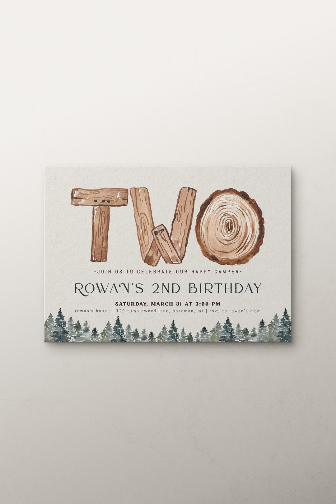 Happy Camper 2nd Birthday Invitation Template | Editable Woodland Rustic Trees Second Birthday ...