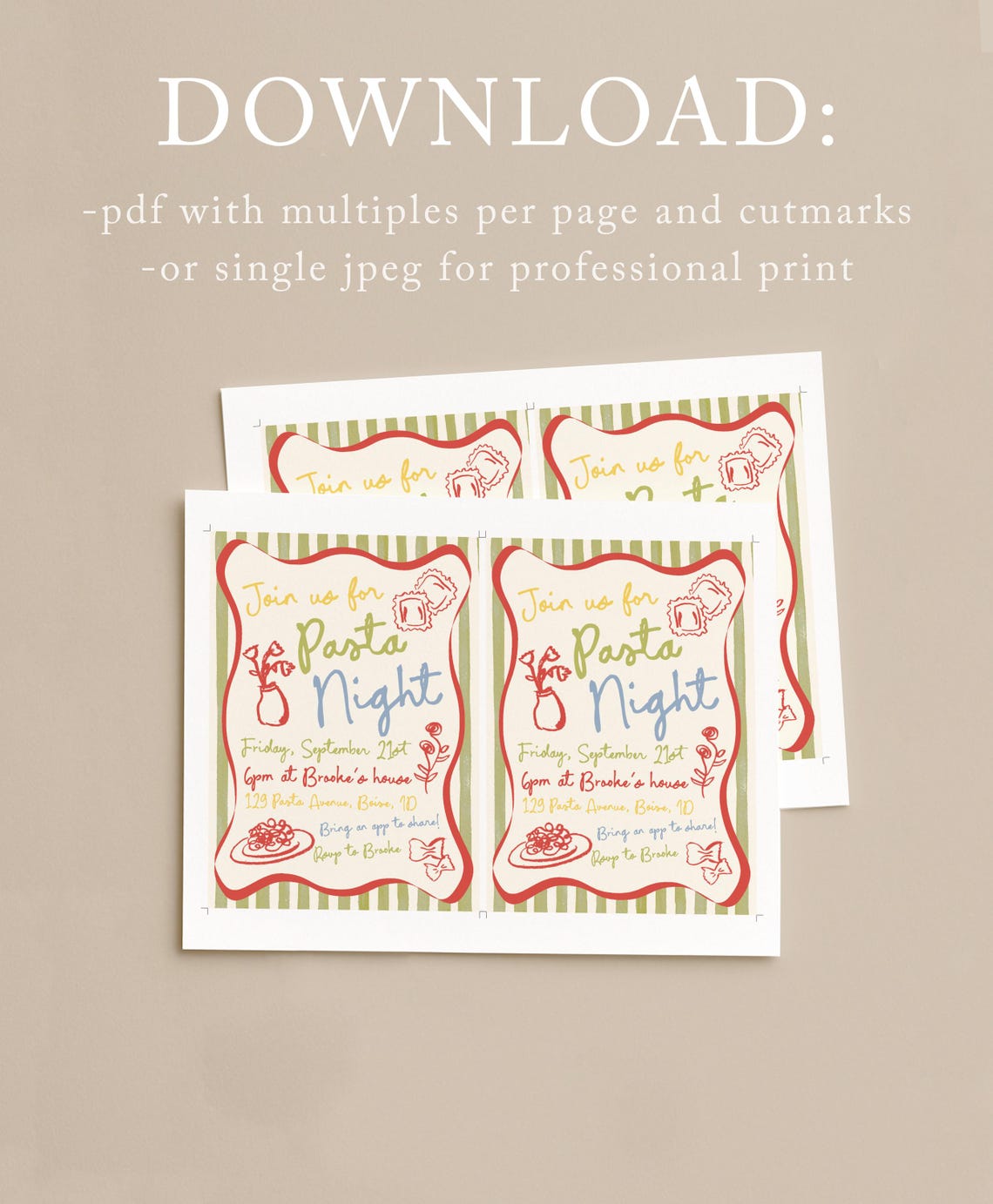 Pasta Dinner Party Invitation Template - Editable Hand Drawn Italian ...