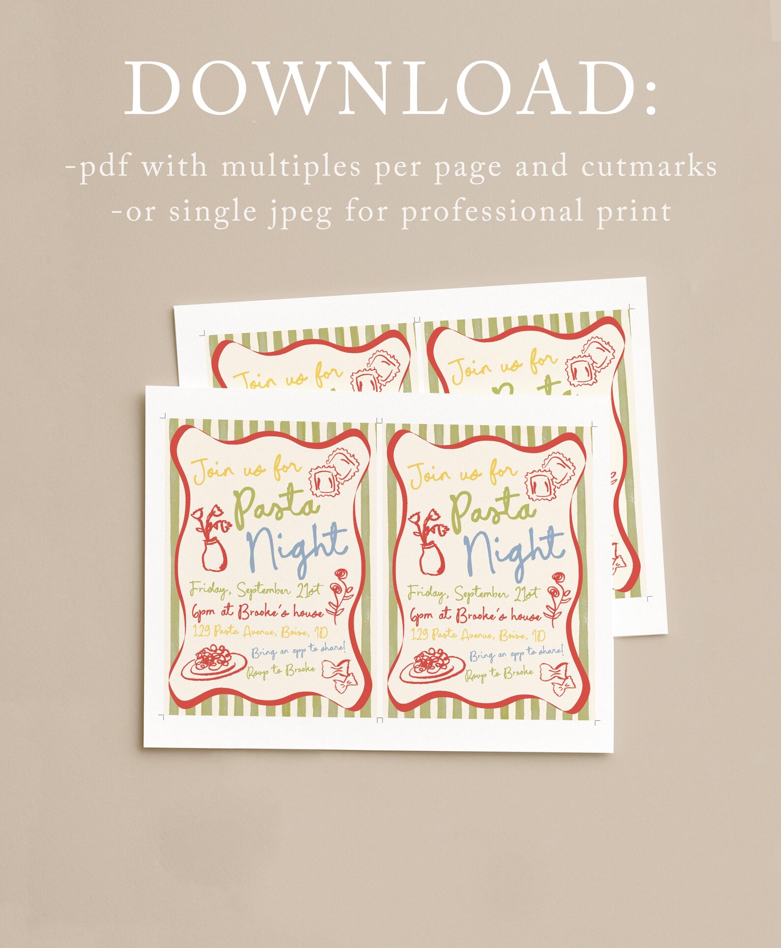 Pasta Dinner Party Invitation Template - Editable Hand Drawn Italian ...