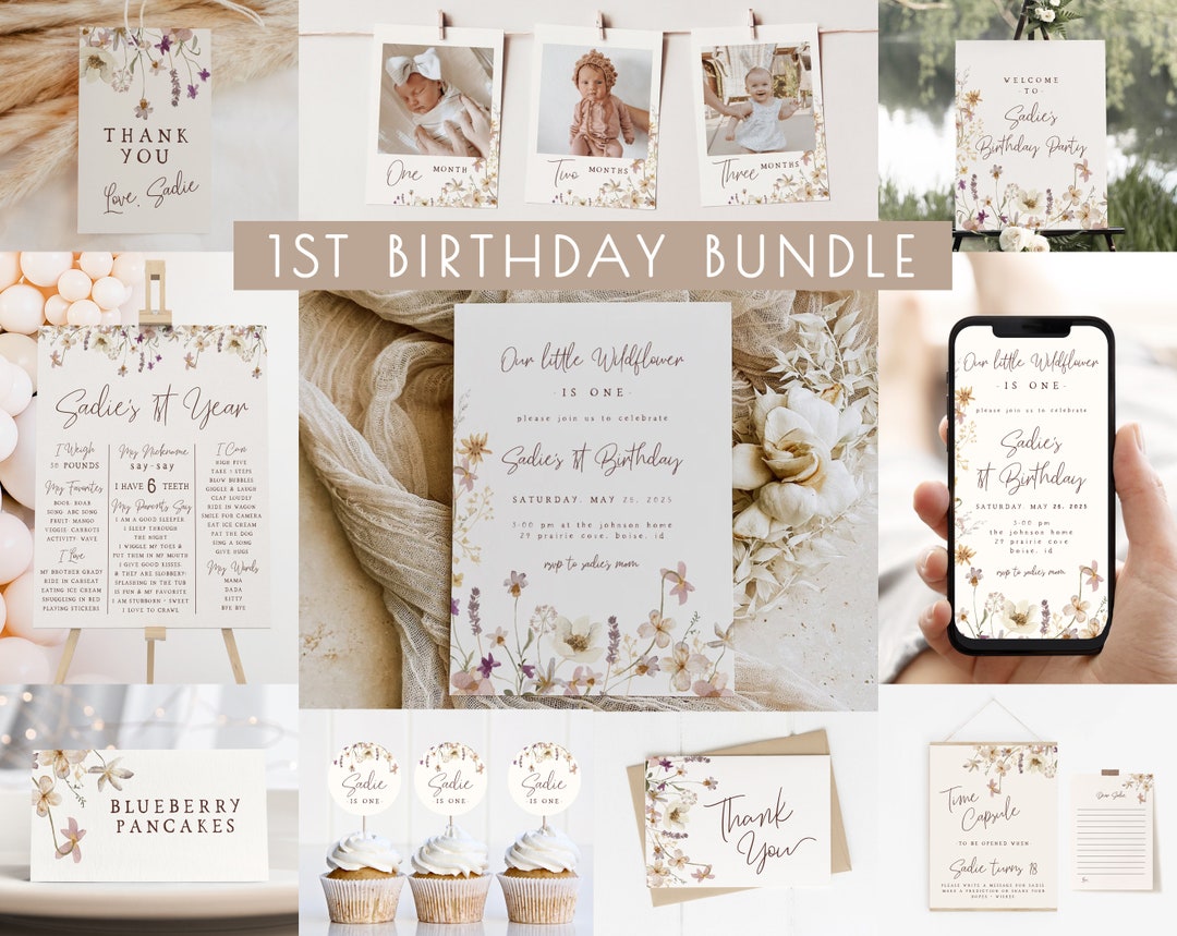 Wildflower 1st Birthday Bundle Editable Templates | Floral Girl Our ...