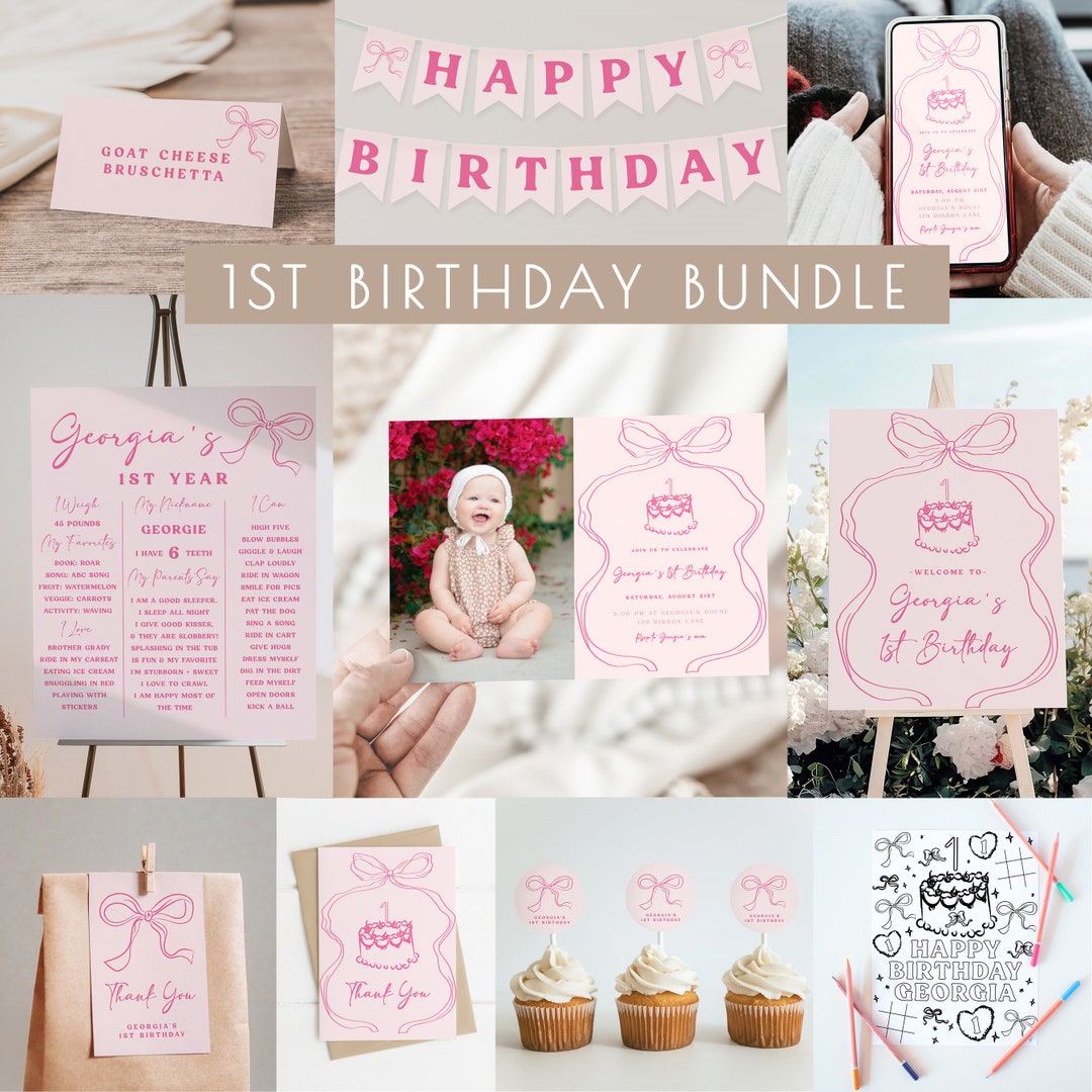 Bow 1st Birthday Template Bundle | Editable Coquette Girly Bow First ...