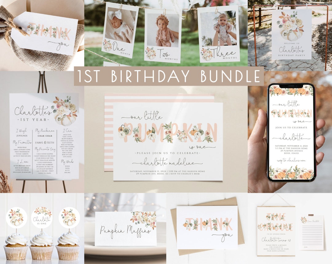 Pumpkin 1st Birthday Bundle for Girl Editable Template Set | Our Little ...